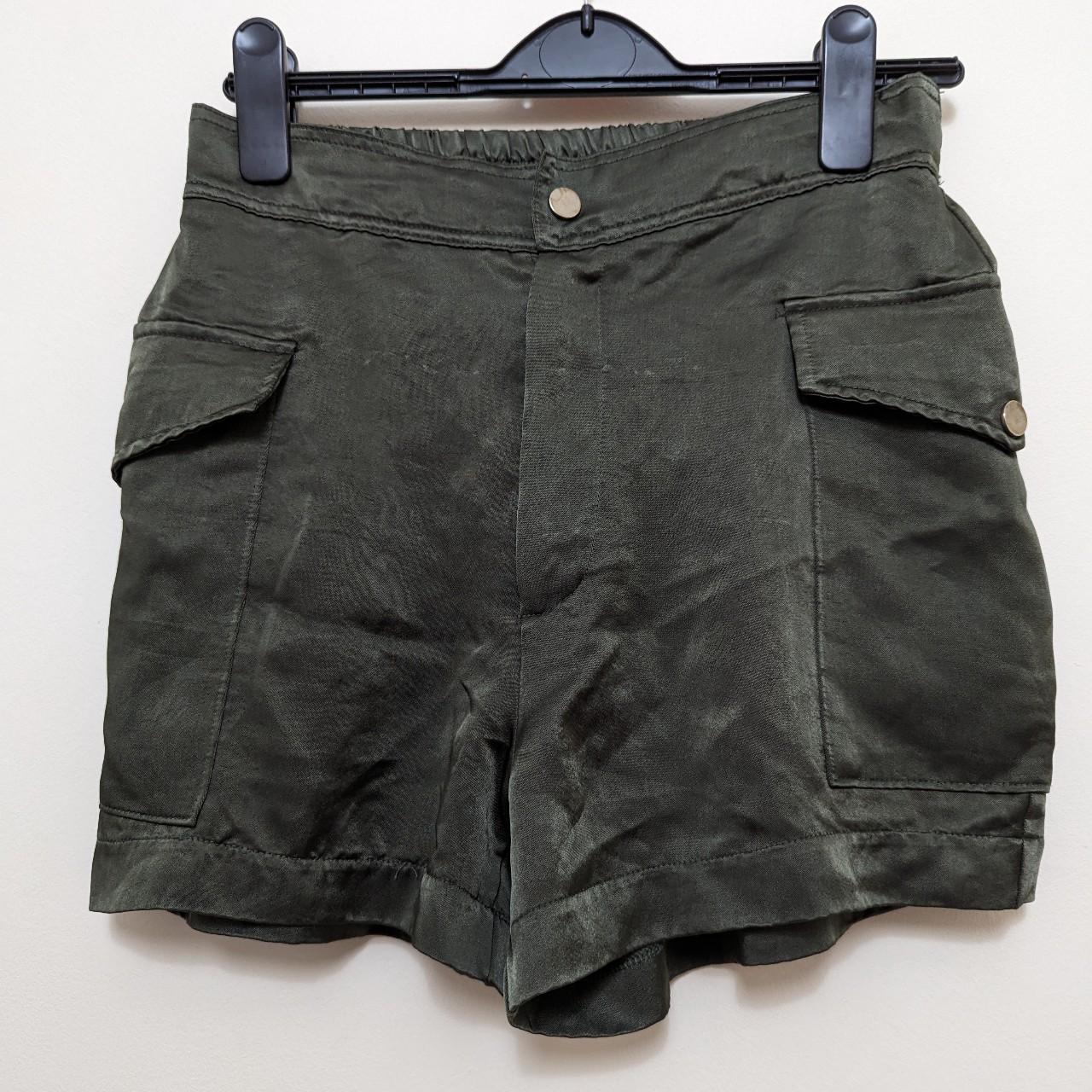 Zara khaki green satin feel cargo shorts Elastic... - Depop