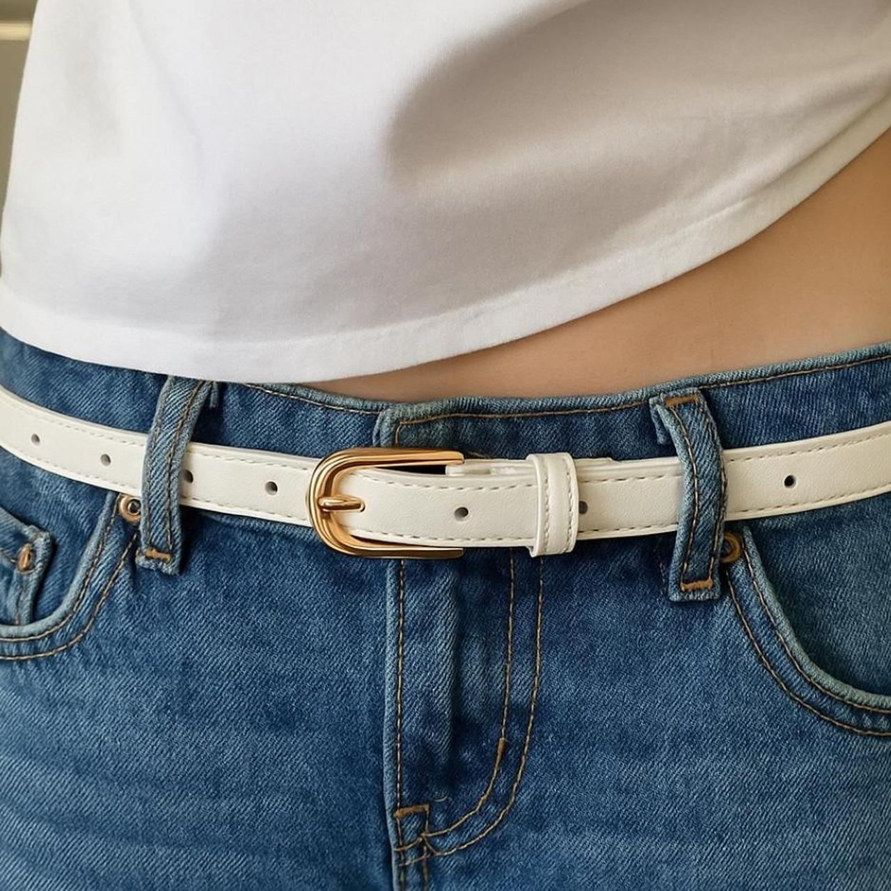 White leather belt with gold buckle, 40 inches long... | Depop