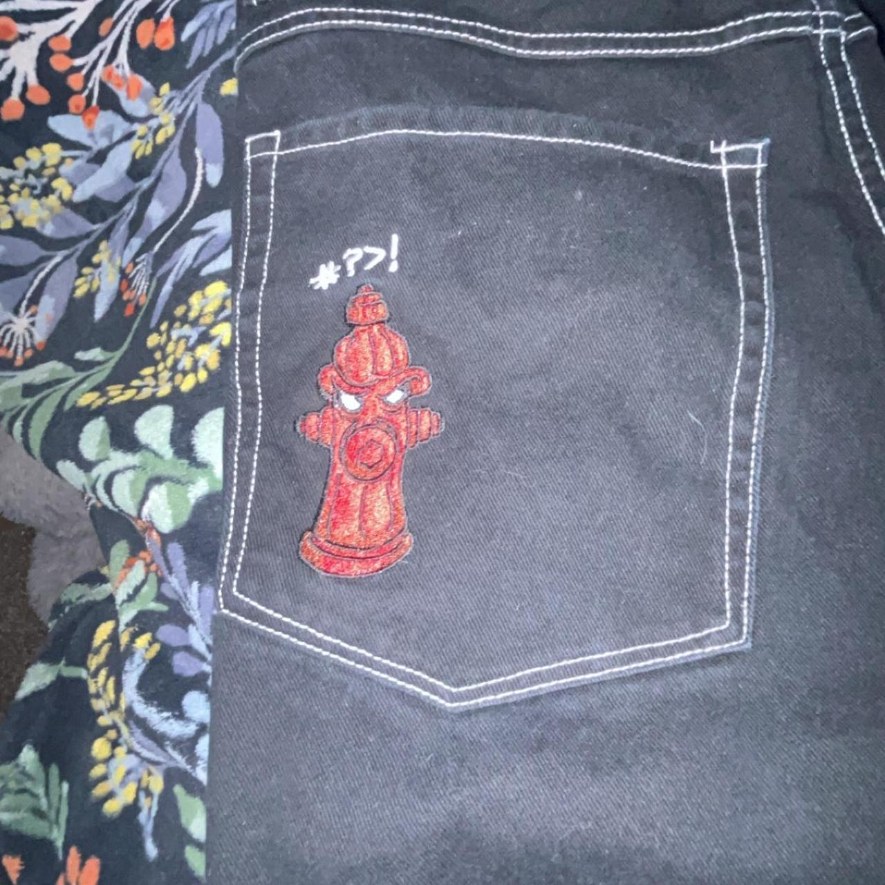 black and red embroidered fire hydrant jorts empyre... | Depop