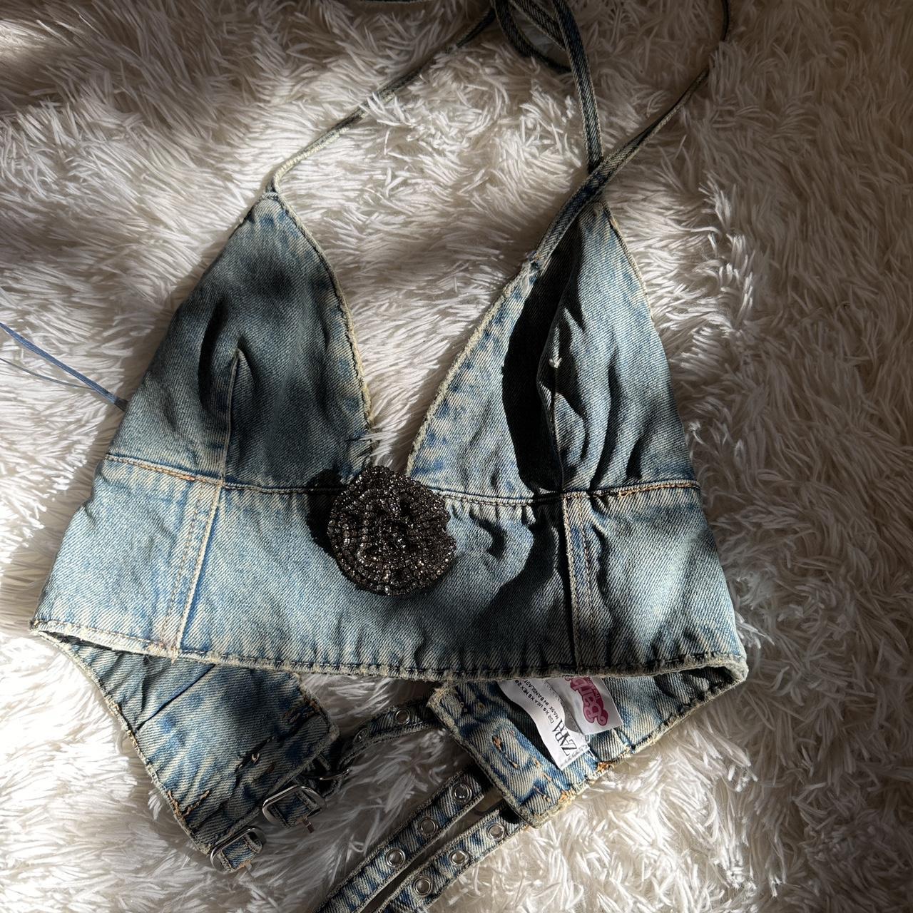 Denim sequin rose crop top Size: XS - Depop