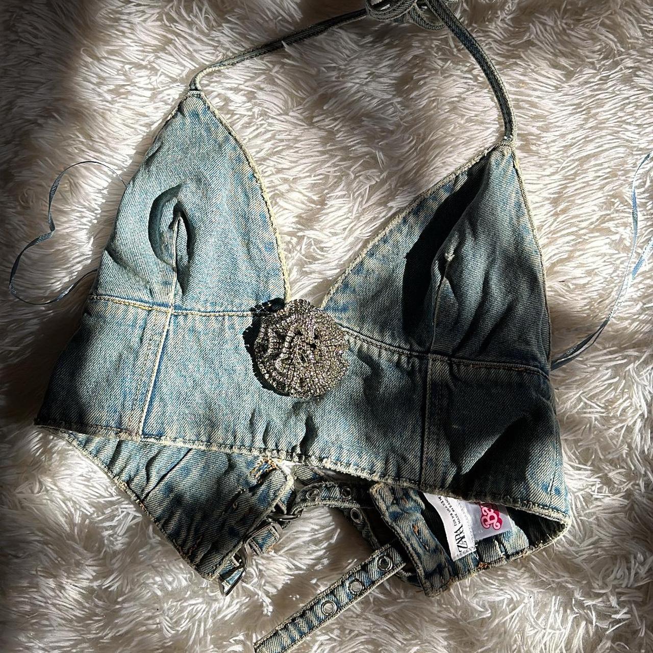 Denim sequin rose crop top Size: XS - Depop