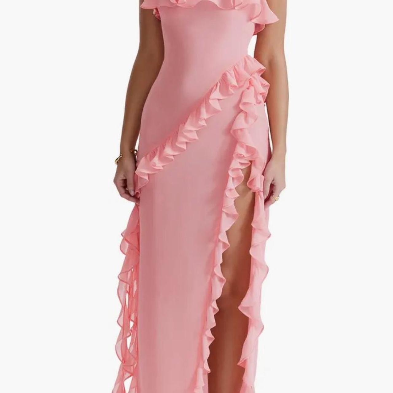 Ruffle Strapless Maxi Dress in Light Pink - Depop