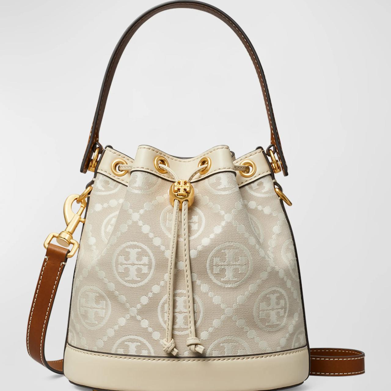 Tory Burch bucket bag in T monogram leather, cotton,... - Depop