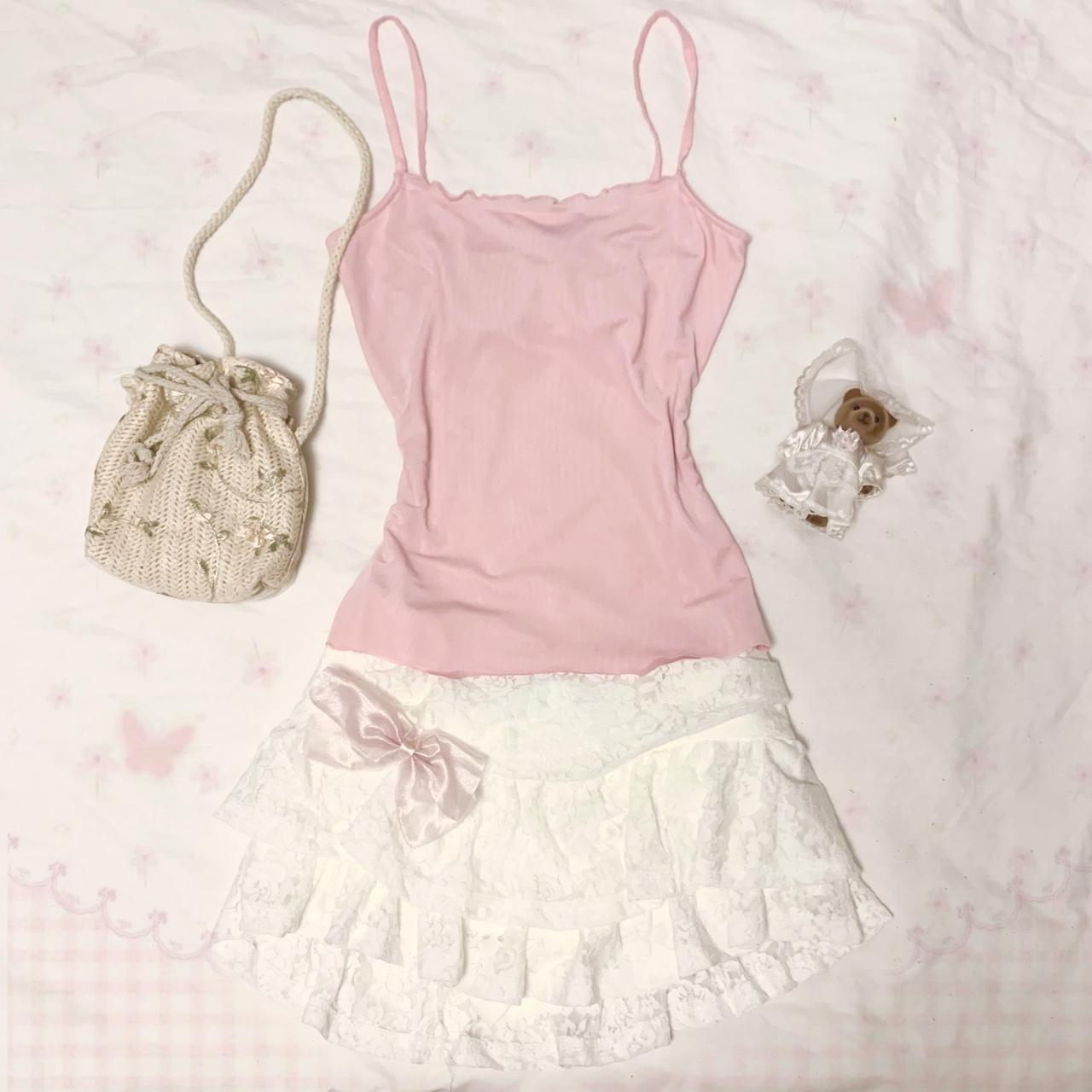 Pink frilly neck cami tank top w a bottom raw edge.... - Depop