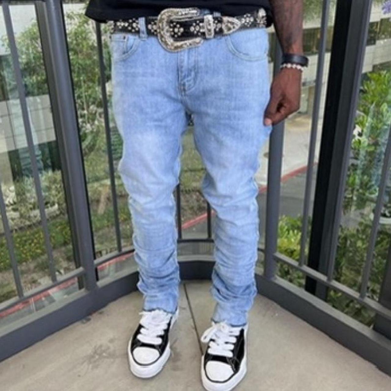 Light blue stacked denim Size 34 Flare leg... - Depop