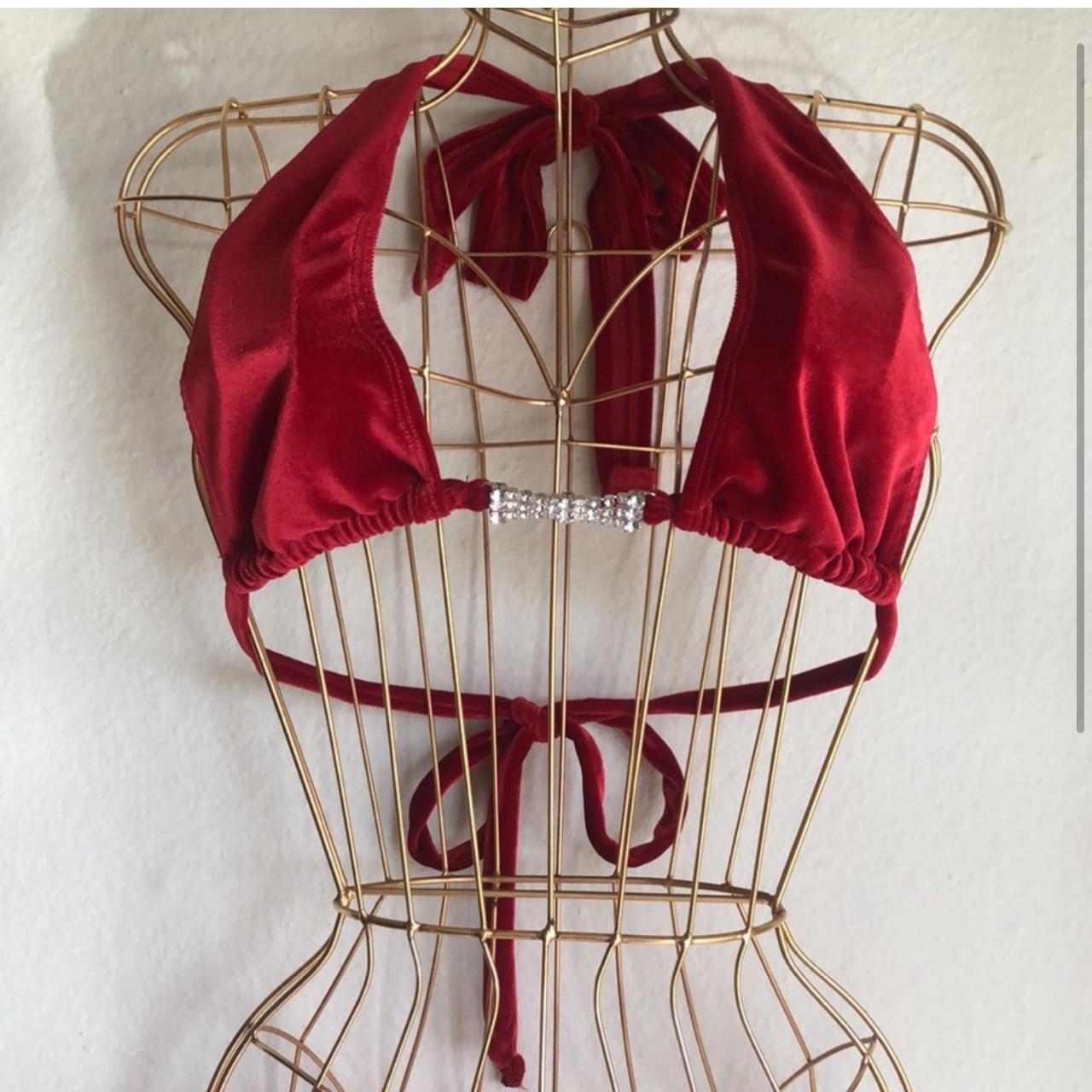 Deep red velvet bikini set with rhinestone bow.... - Depop