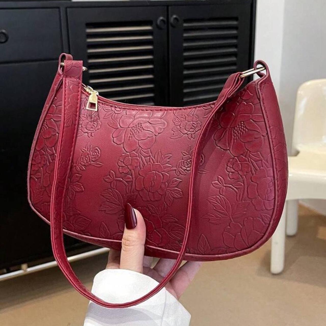 Elegant vintage style red leather shoulder bag with... - Depop