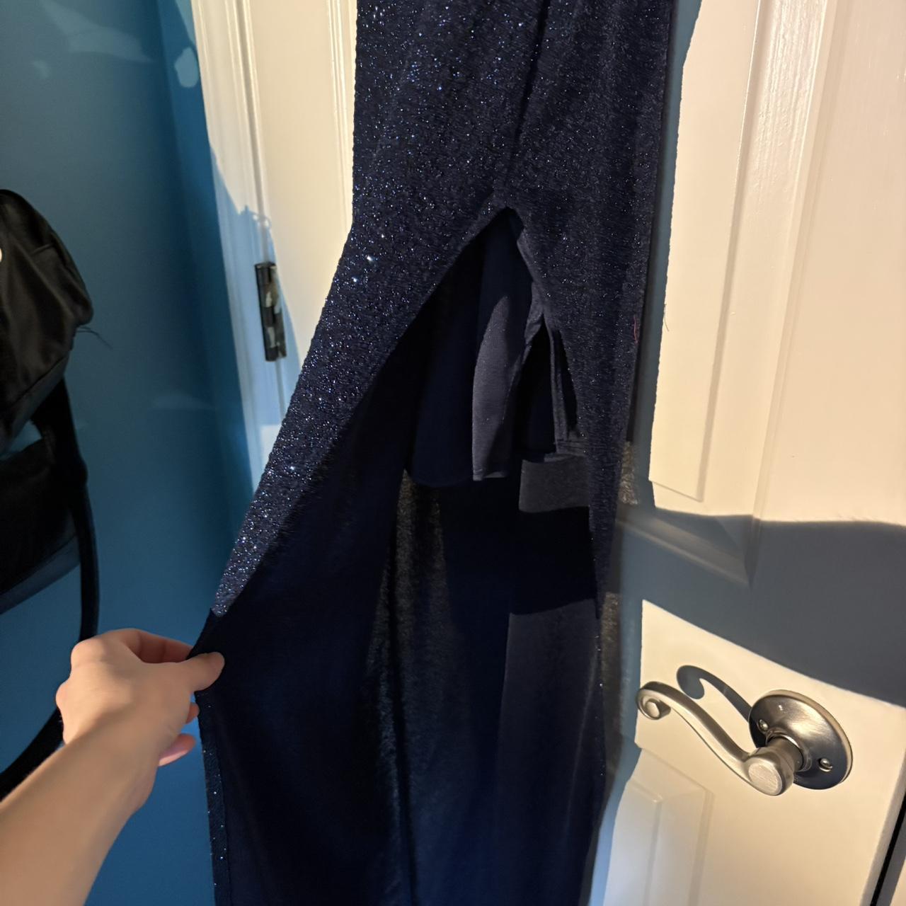 Sparkly midnight, blue body con floor length dress... | Depop