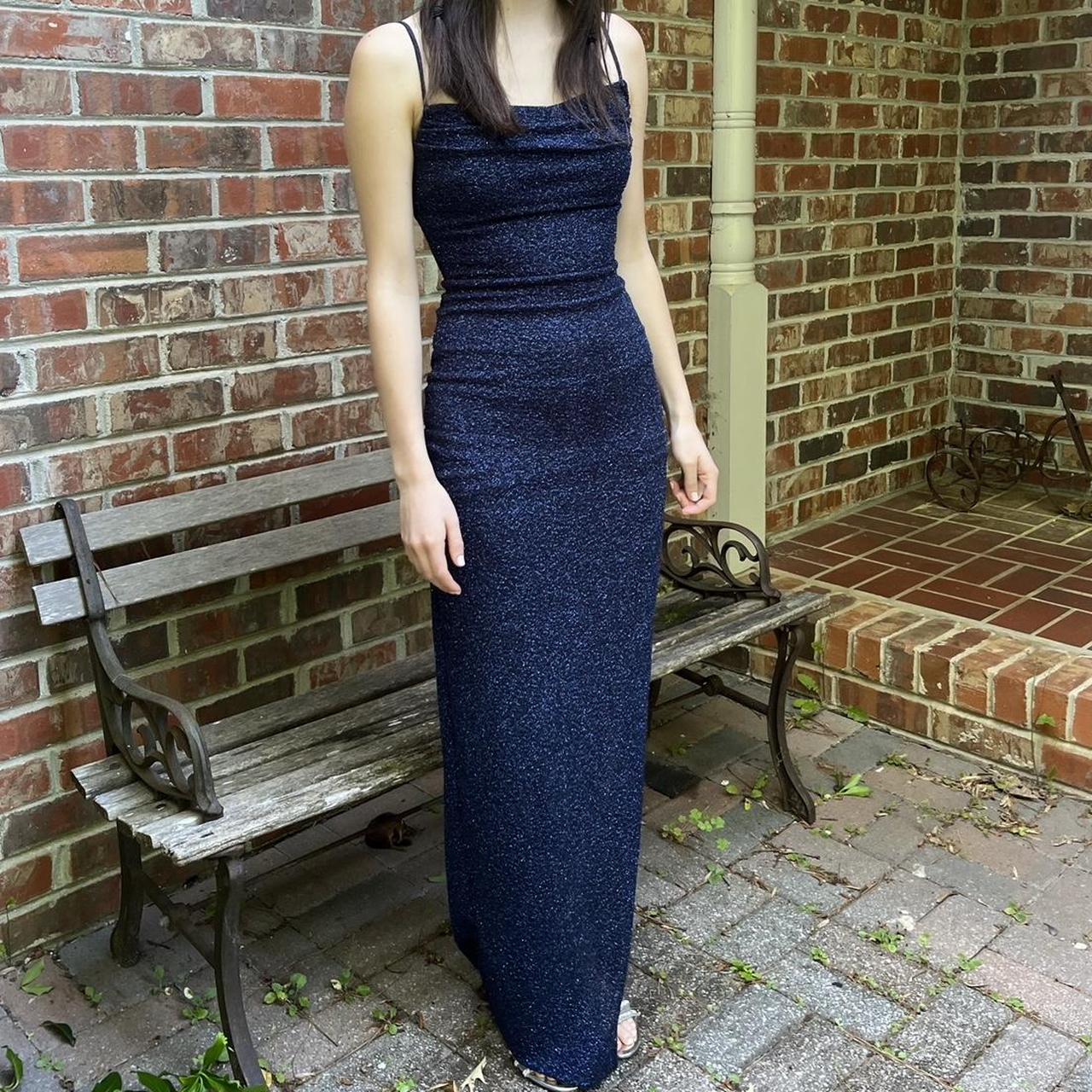 Sparkly midnight, blue body con floor length dress... | Depop