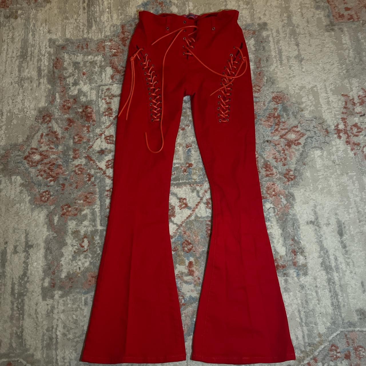 edikted red lace up flare pants size large but can... - Depop