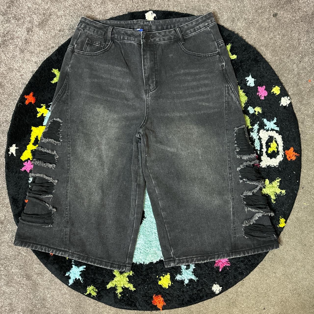 Distress Flare Long Jorts - Depop