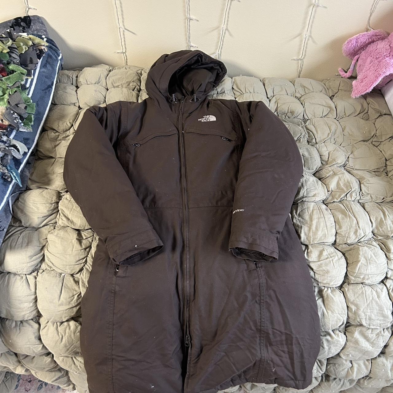 Brown The North Face long puffer jacket with hood... | Depop