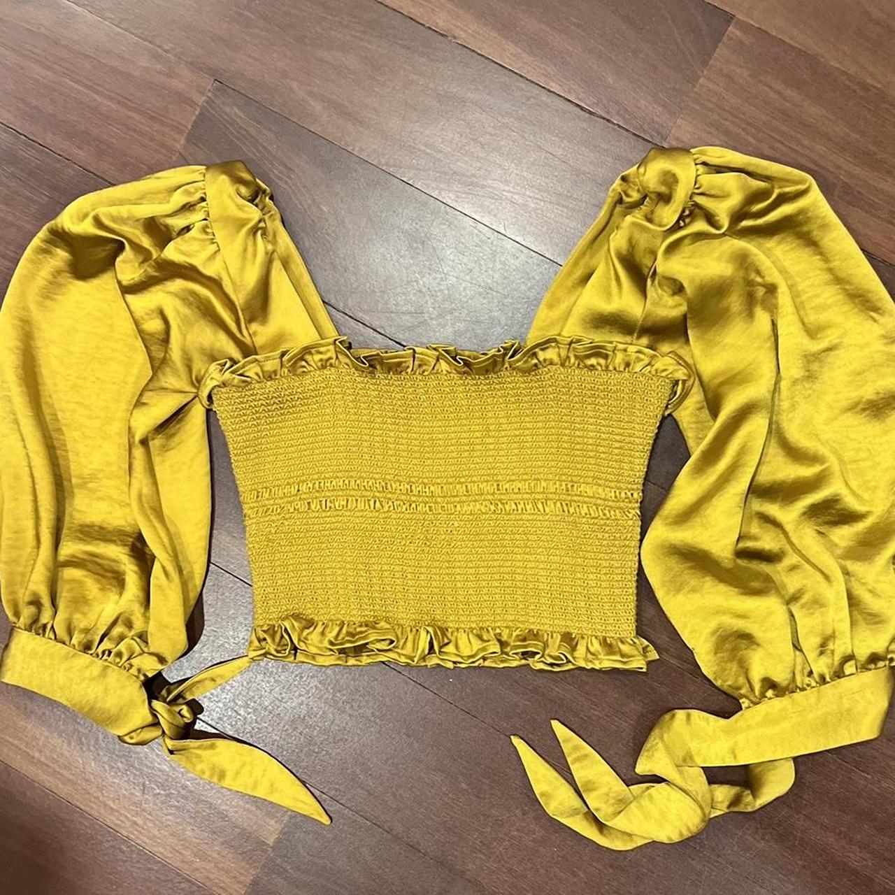 gold ruched top, poofy sleeves, ties best fit sz... - Depop