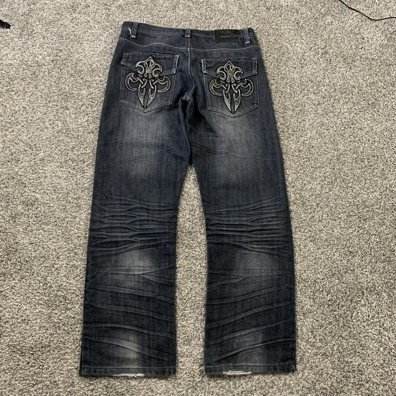 Y2K raw blue denim cross pocket jeans size... - Depop