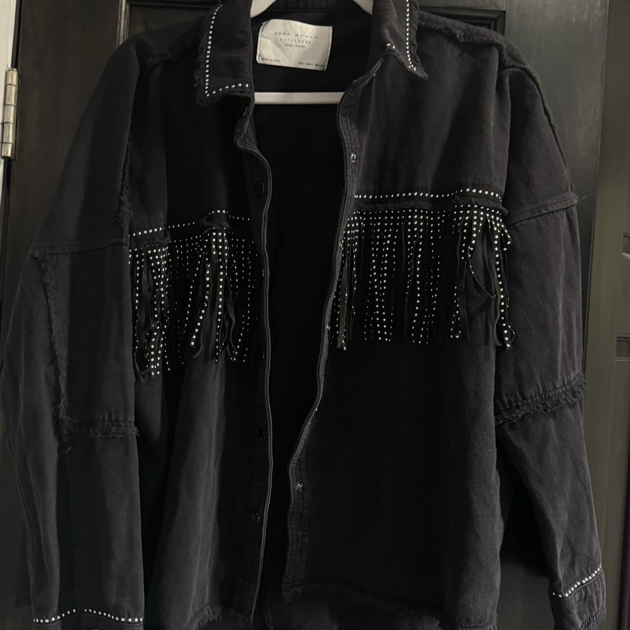 Zara Denim Studded Fringe Jacket size Large worn... - Depop