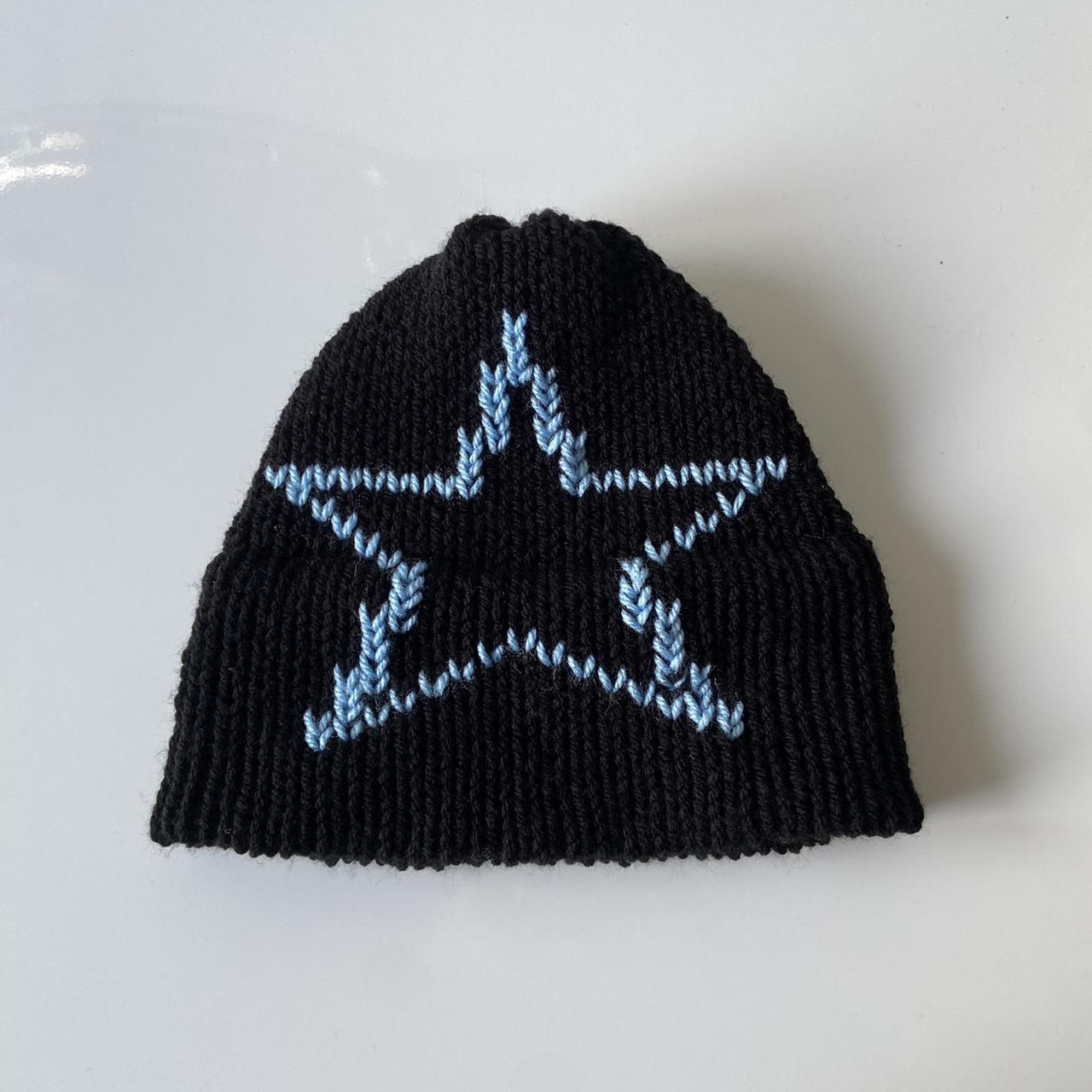 ⭐️ Black and Blue Star Knitted Beanie ⭐️ invisible... - Depop