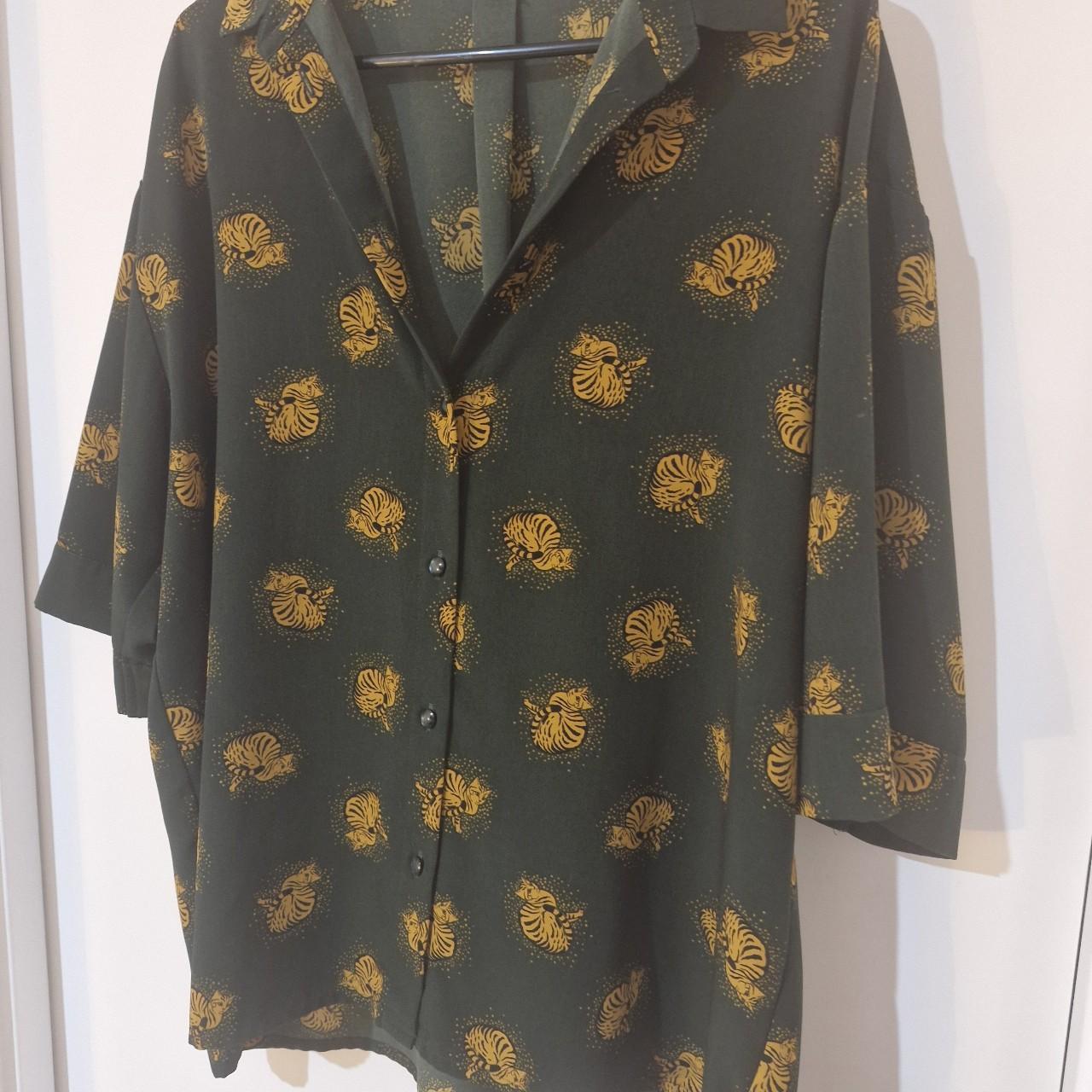 Green & yellow cat print short sleeve shirt 🐈 Monki... - Depop