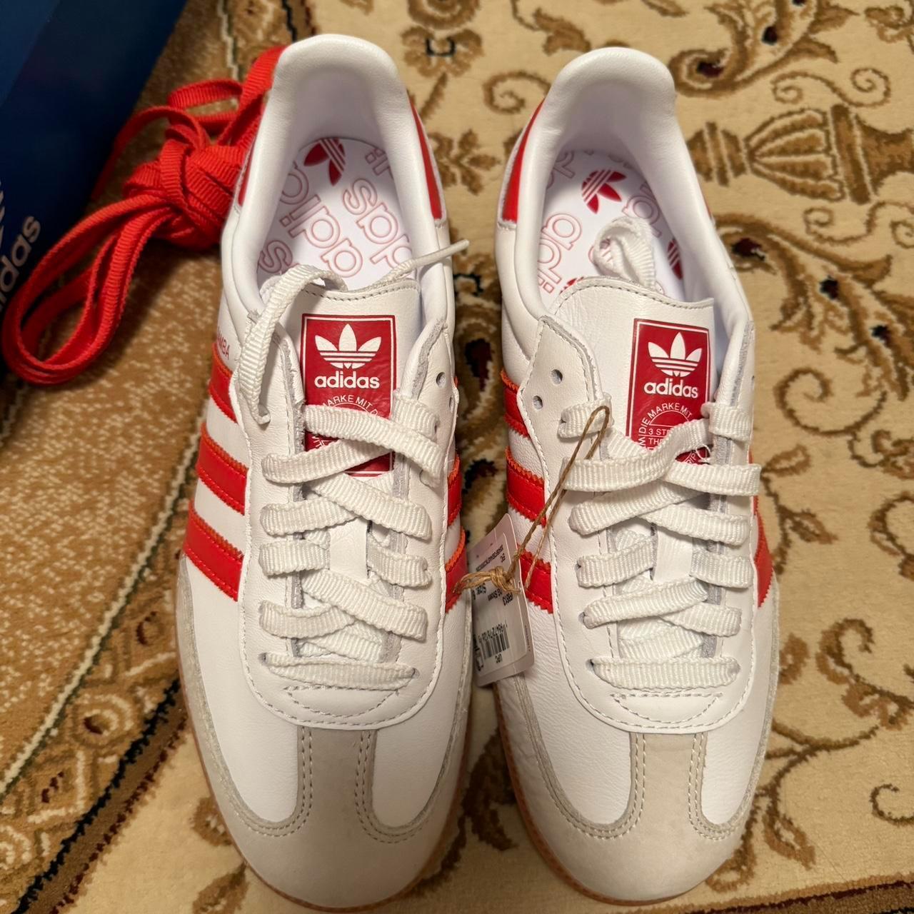 Adidas Women's White and Red Trainers Women's sizes... - Depop