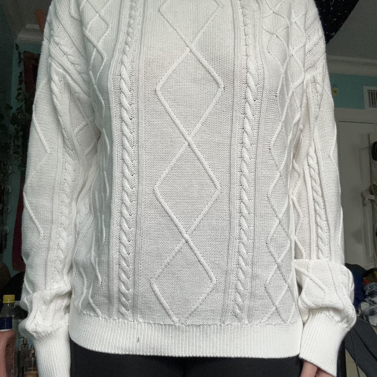 White cable knit sweater with a cute pattern and a... - Depop
