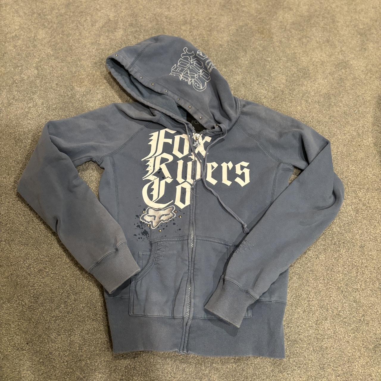 Fox girls Racing zip up hoodie in blue and white... | Depop