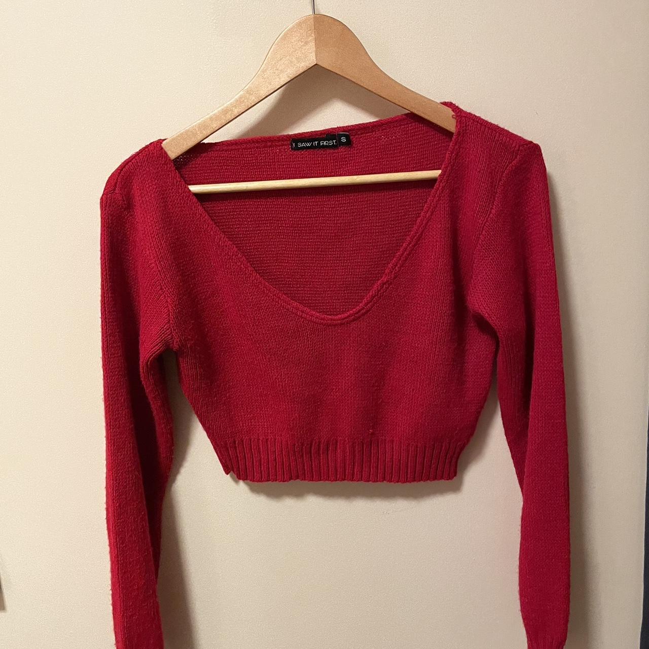 Red off the shoulder knit jumper crop top - Depop