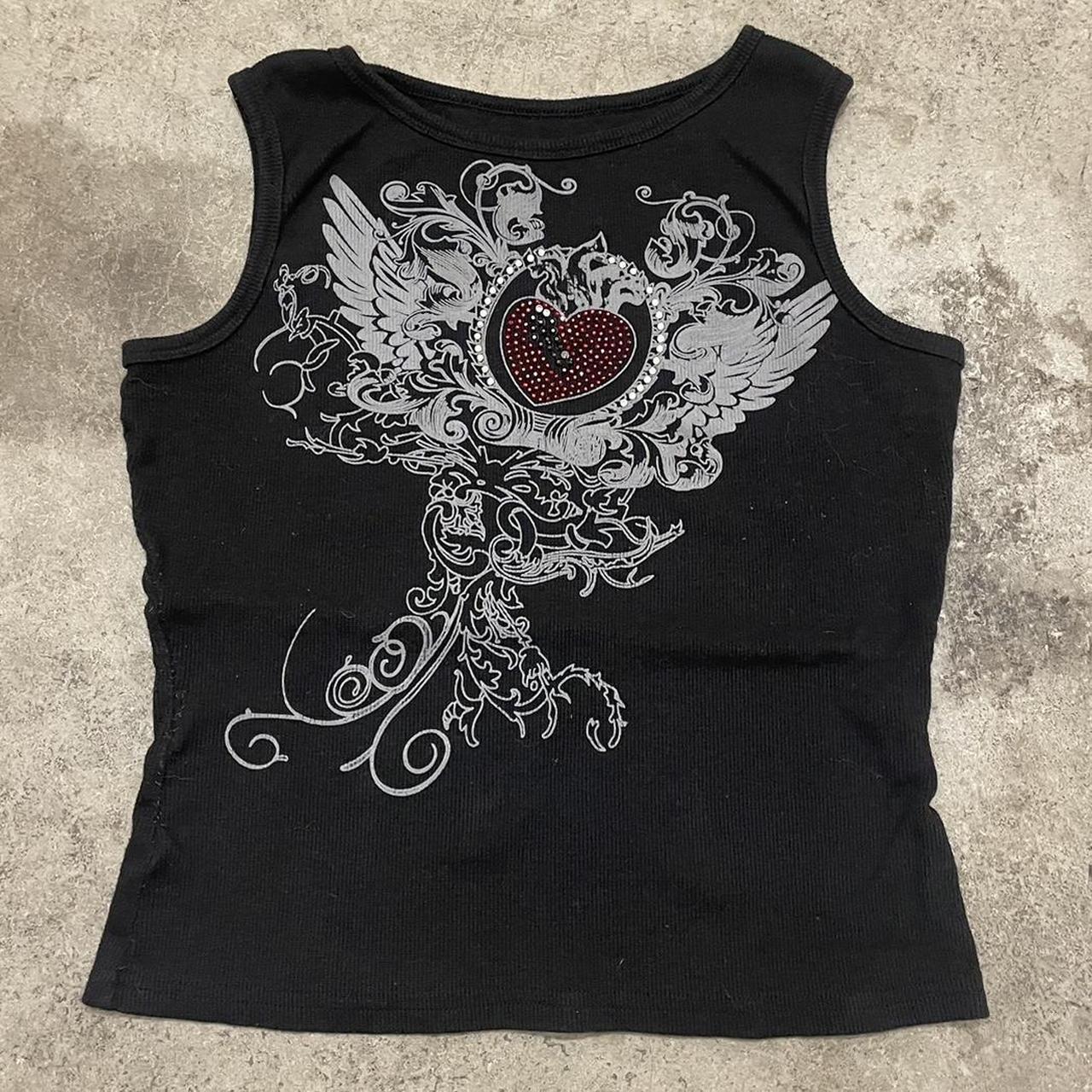 Affliction style Y2K grunge rhinestones heart... | Depop