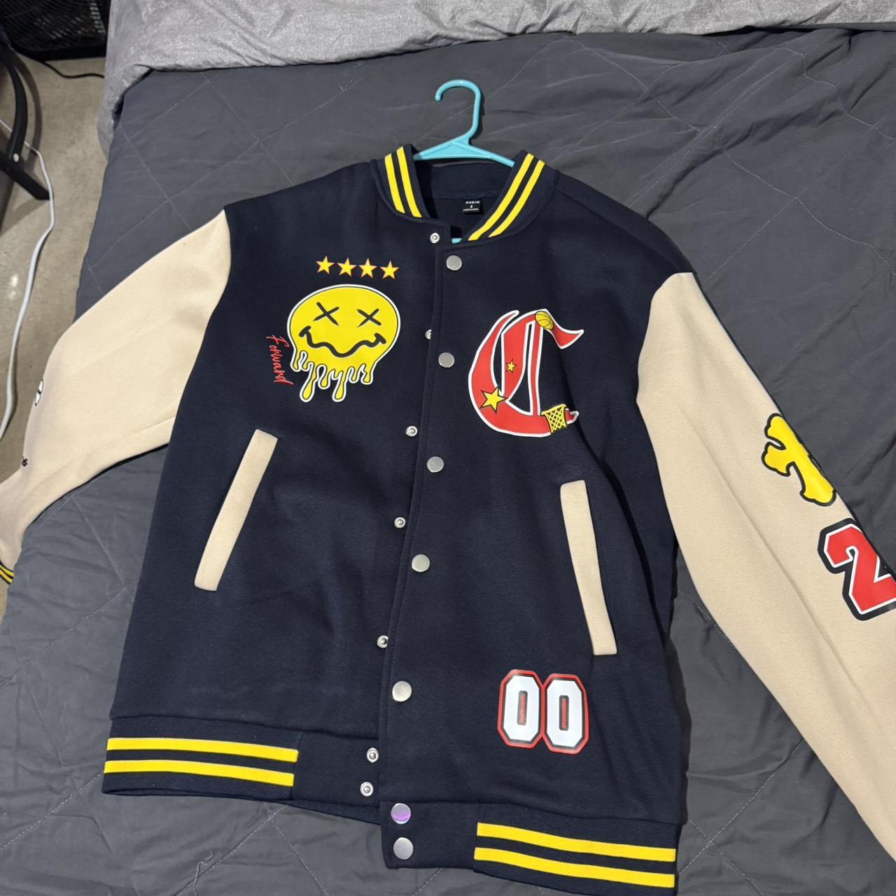 Navy and cream varsity jacket - Depop