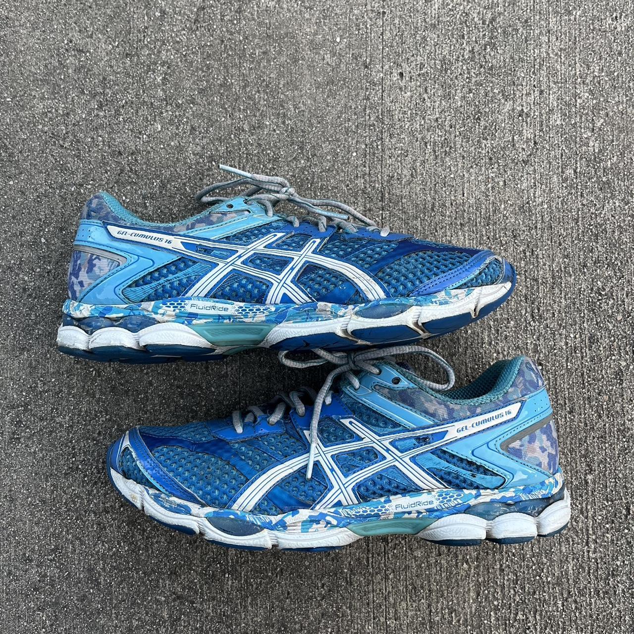 Blue and white Asics running shoes size 7 good... - Depop