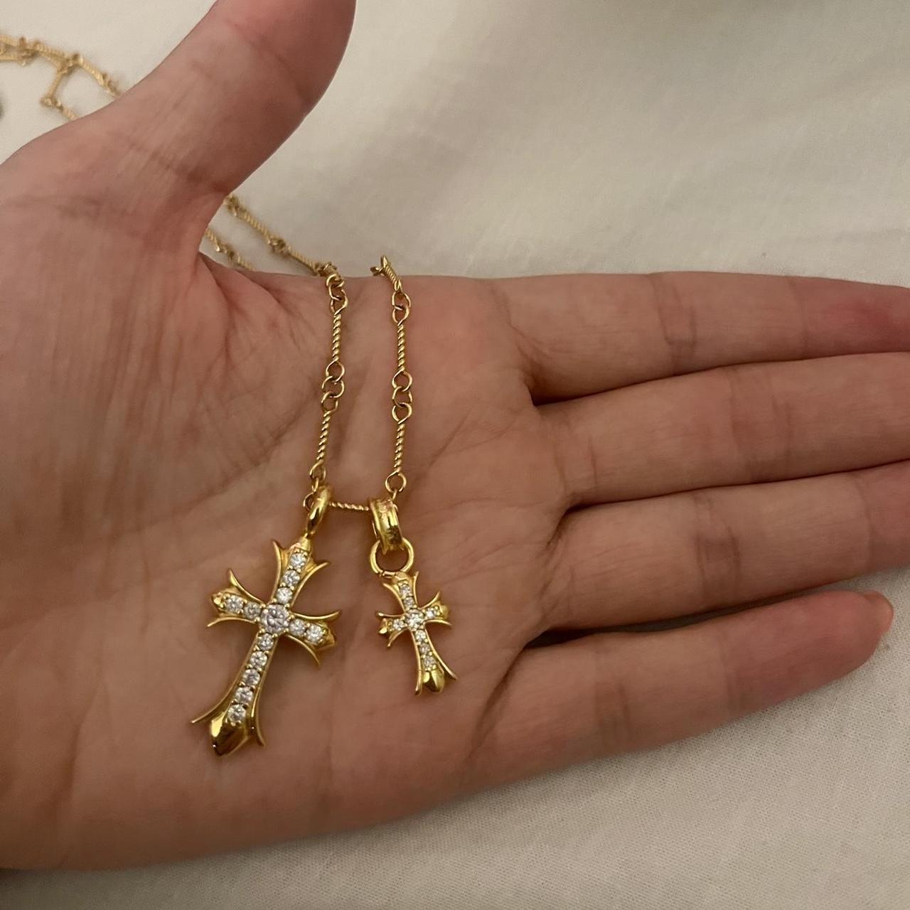 Gold plated double cross necklace - Depop