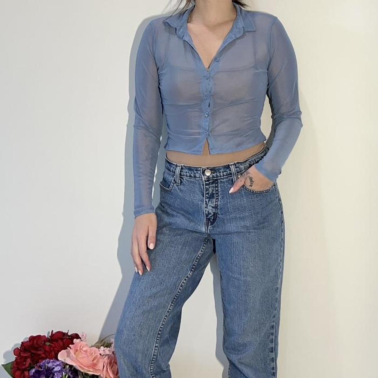 sheer blue button up top - button front - long... - Depop
