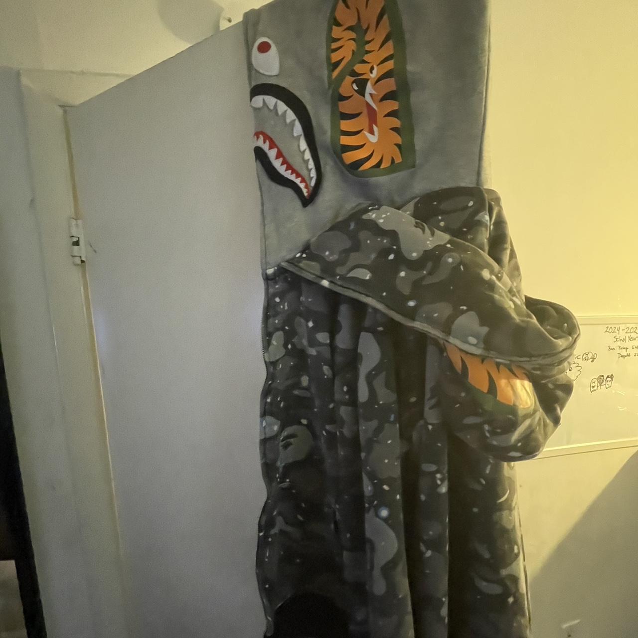 black/blue double hooded bape jacket zipper broken... - Depop