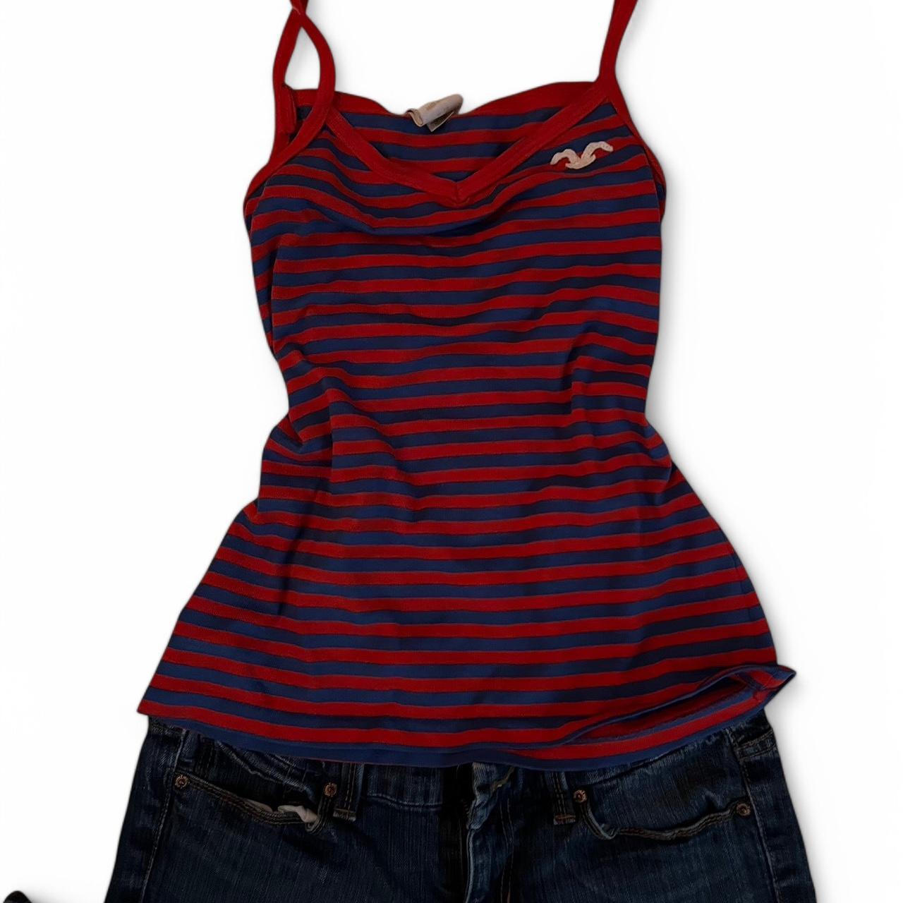 Striped red and blue tank top with Hollister logo... | Depop