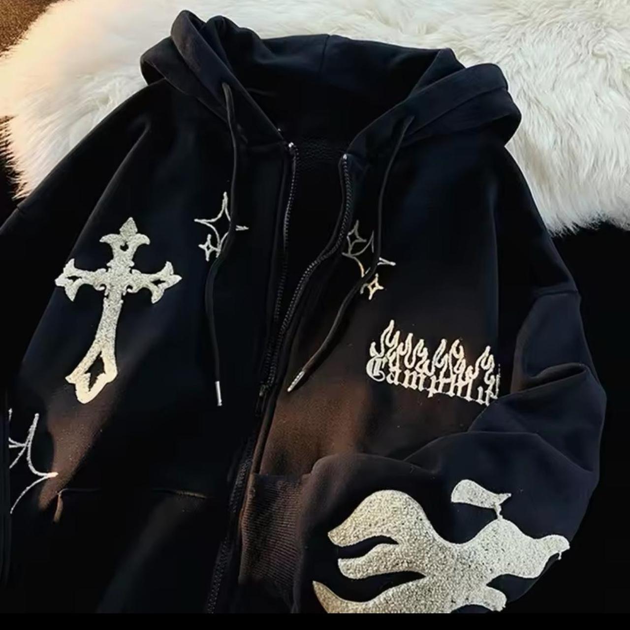 Black and white graphic zip-up hoodie! Size... | Depop