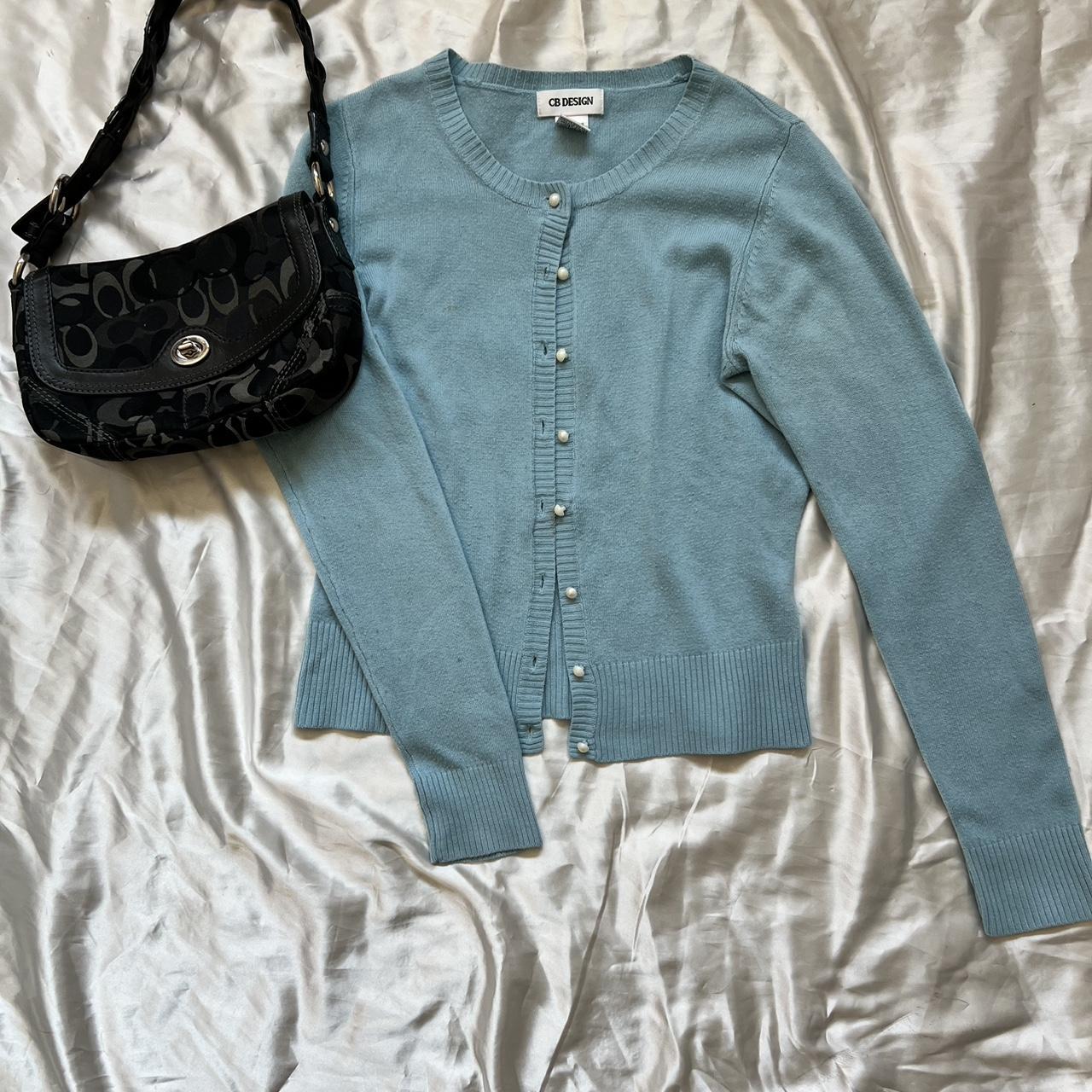 Vintage baby blue cardigan with faux pearl buttons... | Depop
