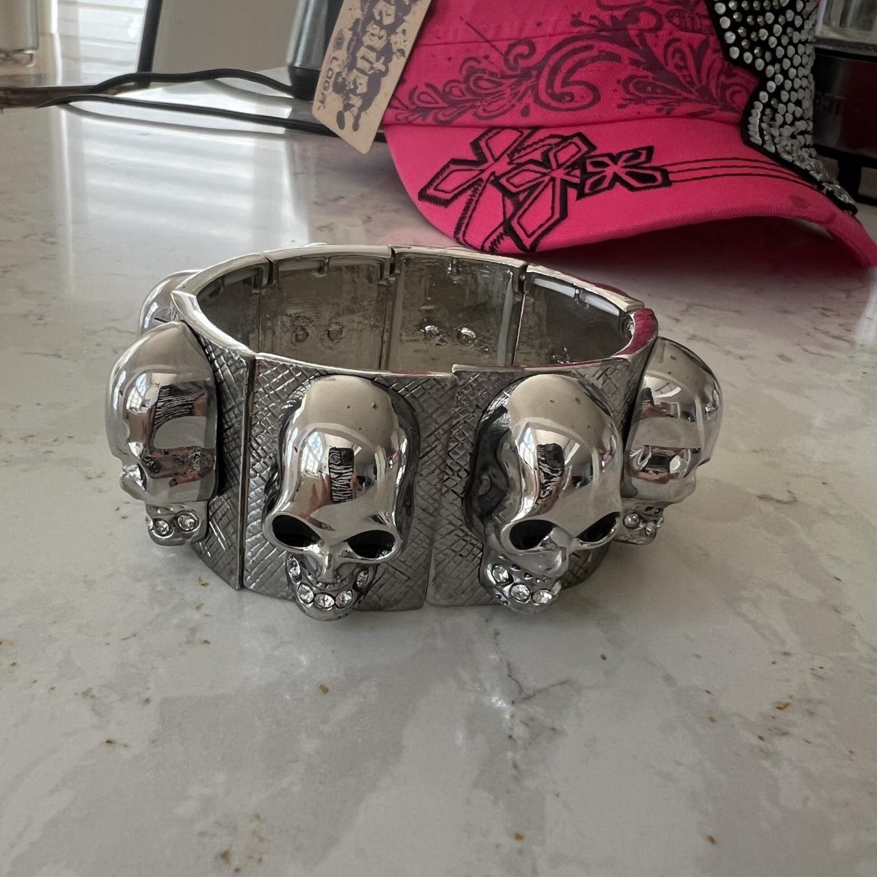 goth punk silver rhinestone skull stretch bracelet... | Depop