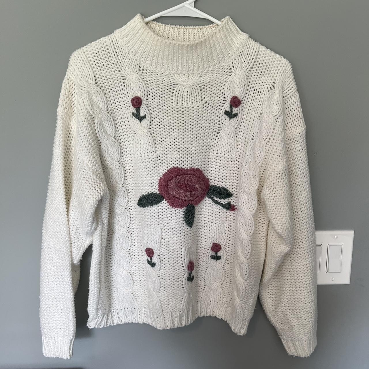 Vintage white knit sweater with floral design.... - Depop