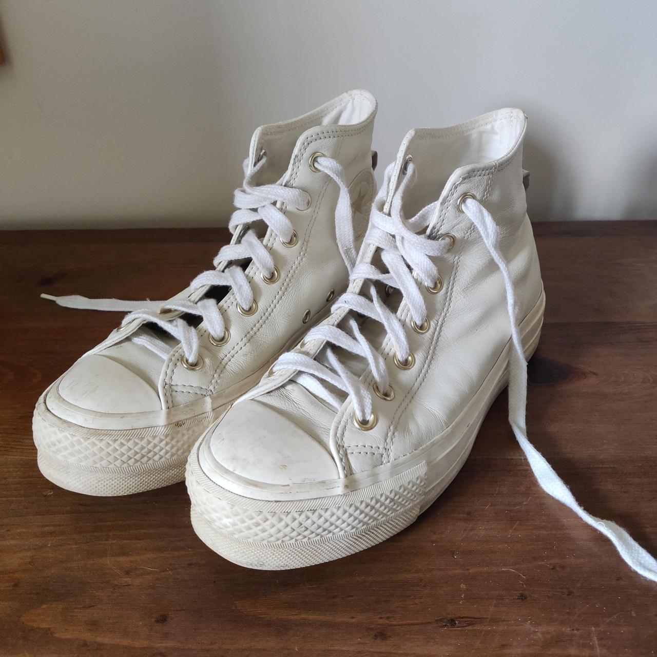 Converse all star chunky high tops in cream leather... - Depop