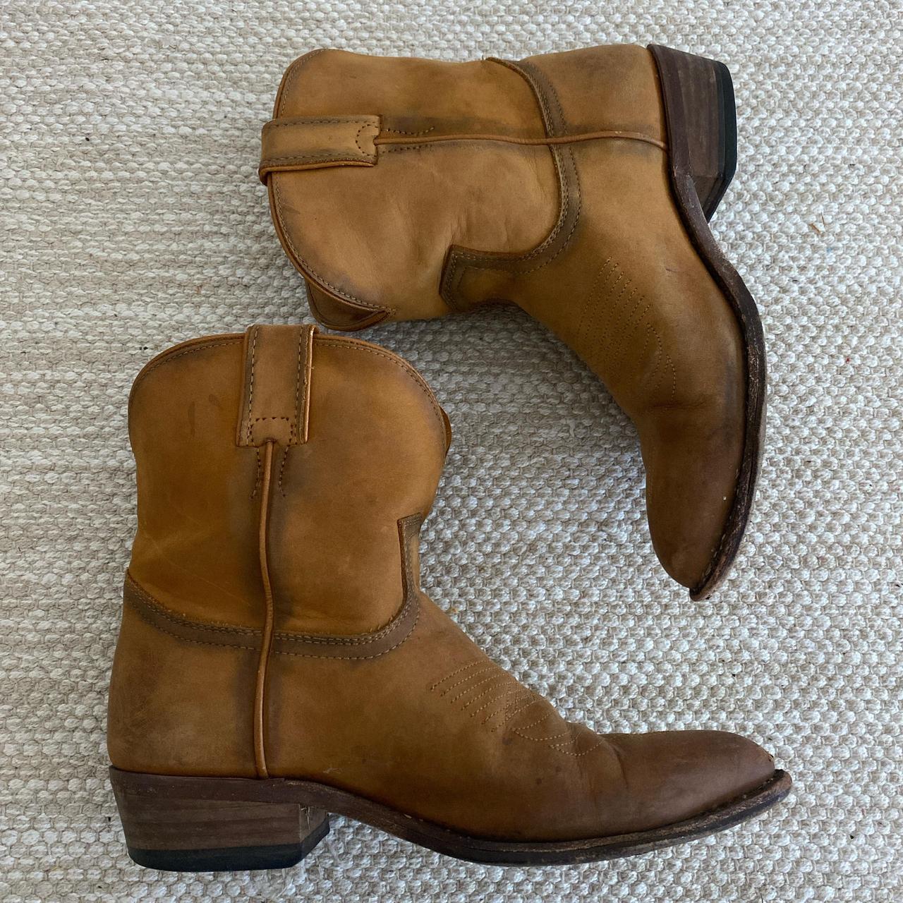 brown leather frye cowboy boots! they have been worn... | Depop