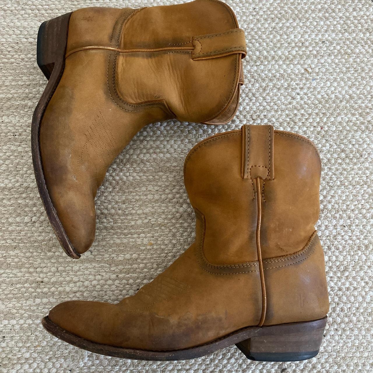brown leather frye cowboy boots! they have been worn... | Depop