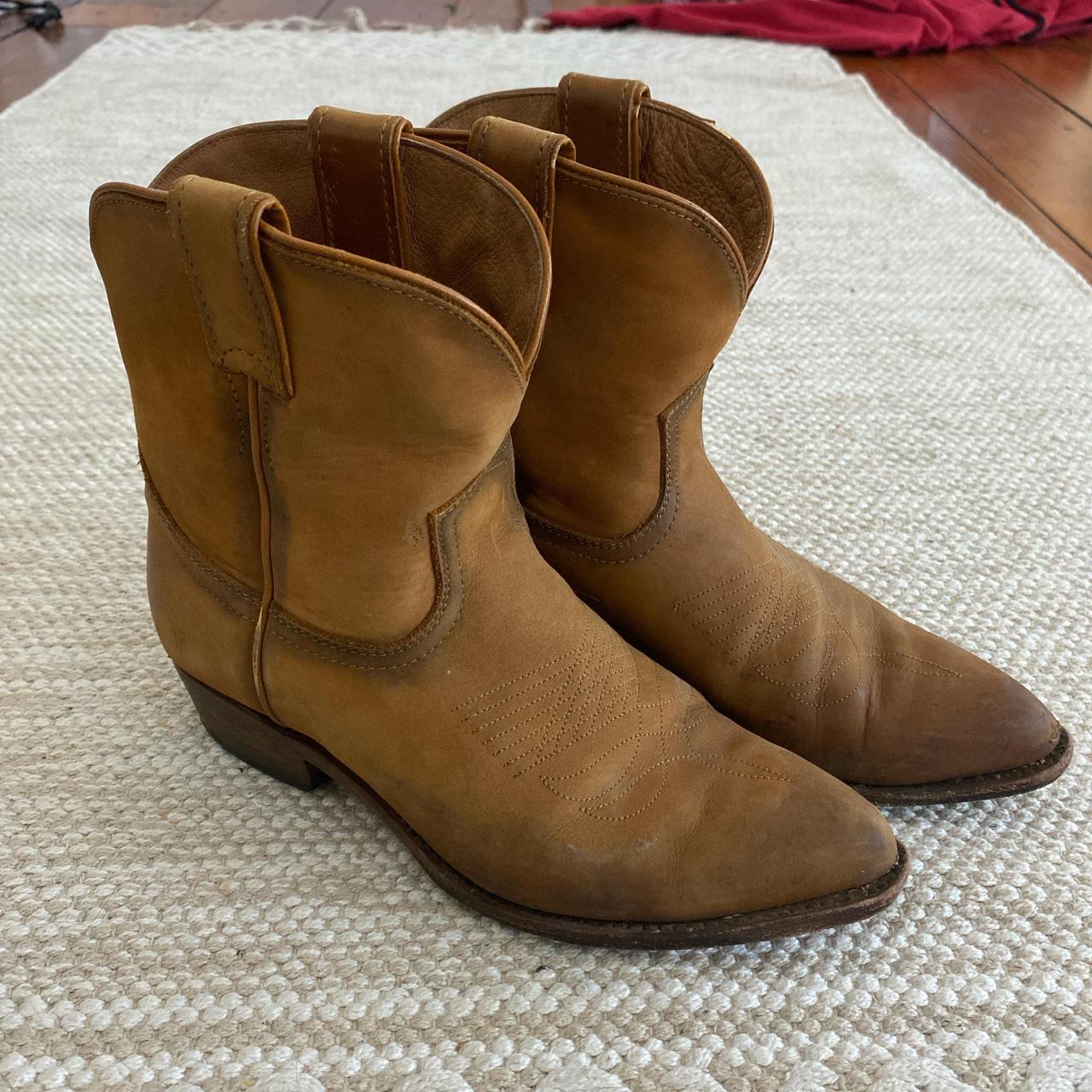 brown leather frye cowboy boots! they have been worn... | Depop
