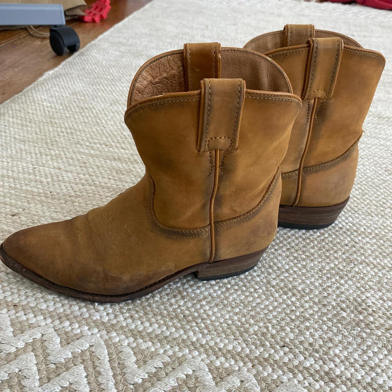 brown leather frye cowboy boots! they have been worn... | Depop