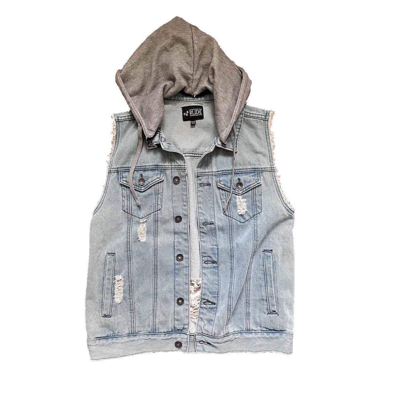 XX Rude Hot Topic jean vest with removable hood,... - Depop