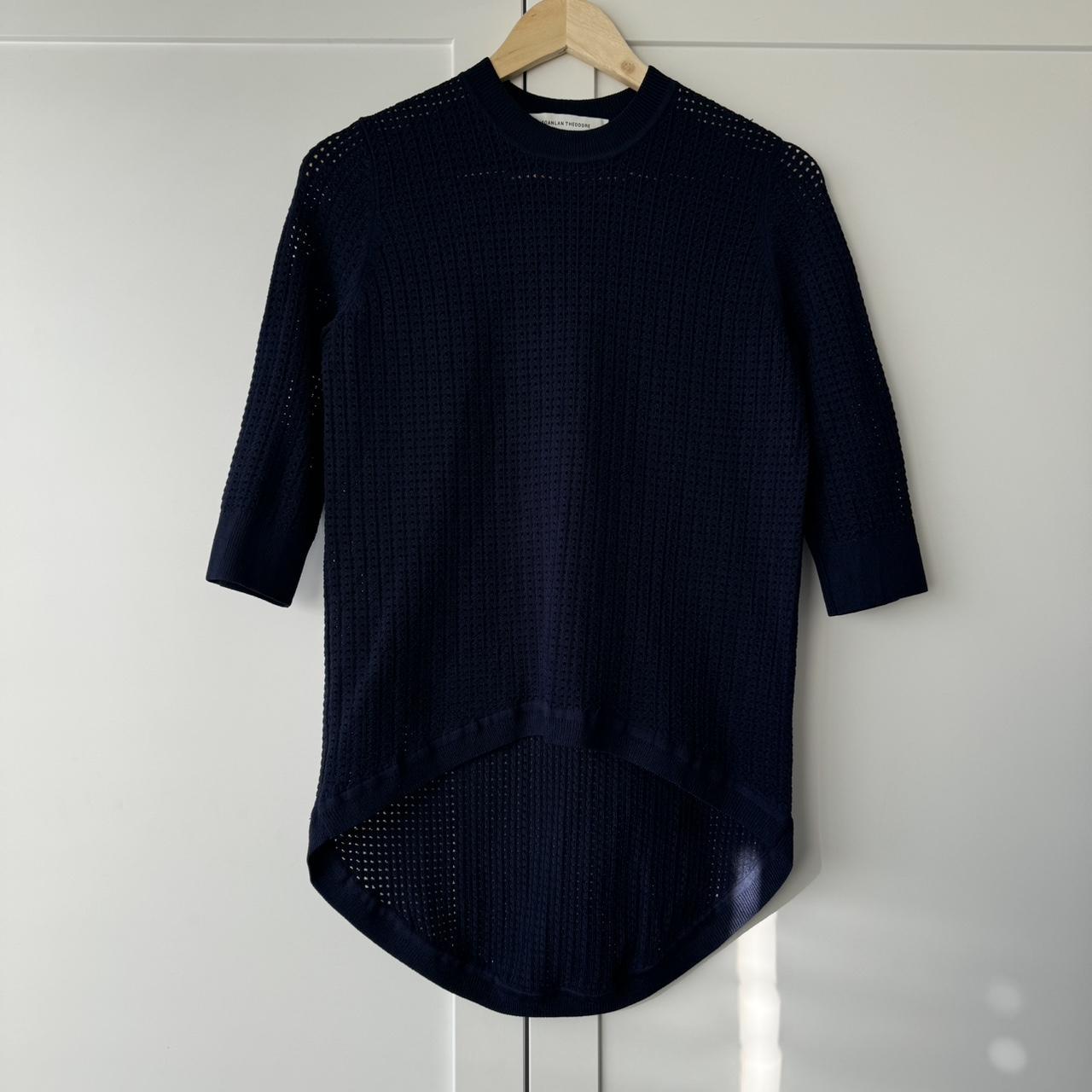 Scanlan Theodore navy crepe mesh top with fishtail... - Depop