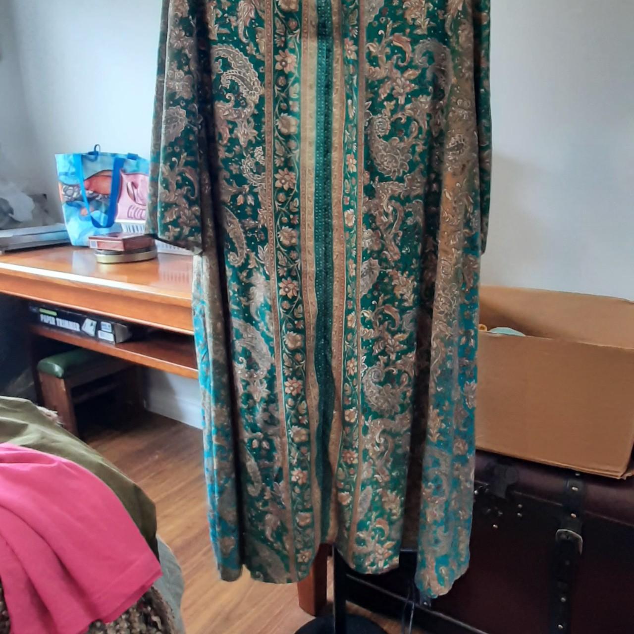 Turquoise silky feel duster has small hole on front... - Depop