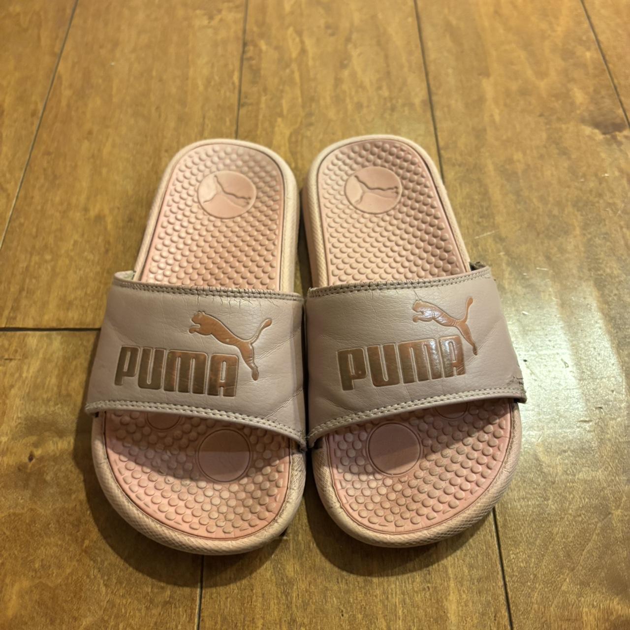 Used Pink and Gold Puma slides for kids girls - can... | Depop