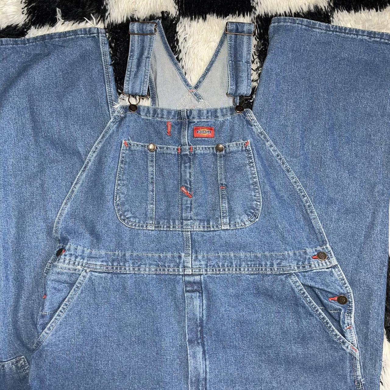 Dickies denim overalls with red stitching and... | Depop