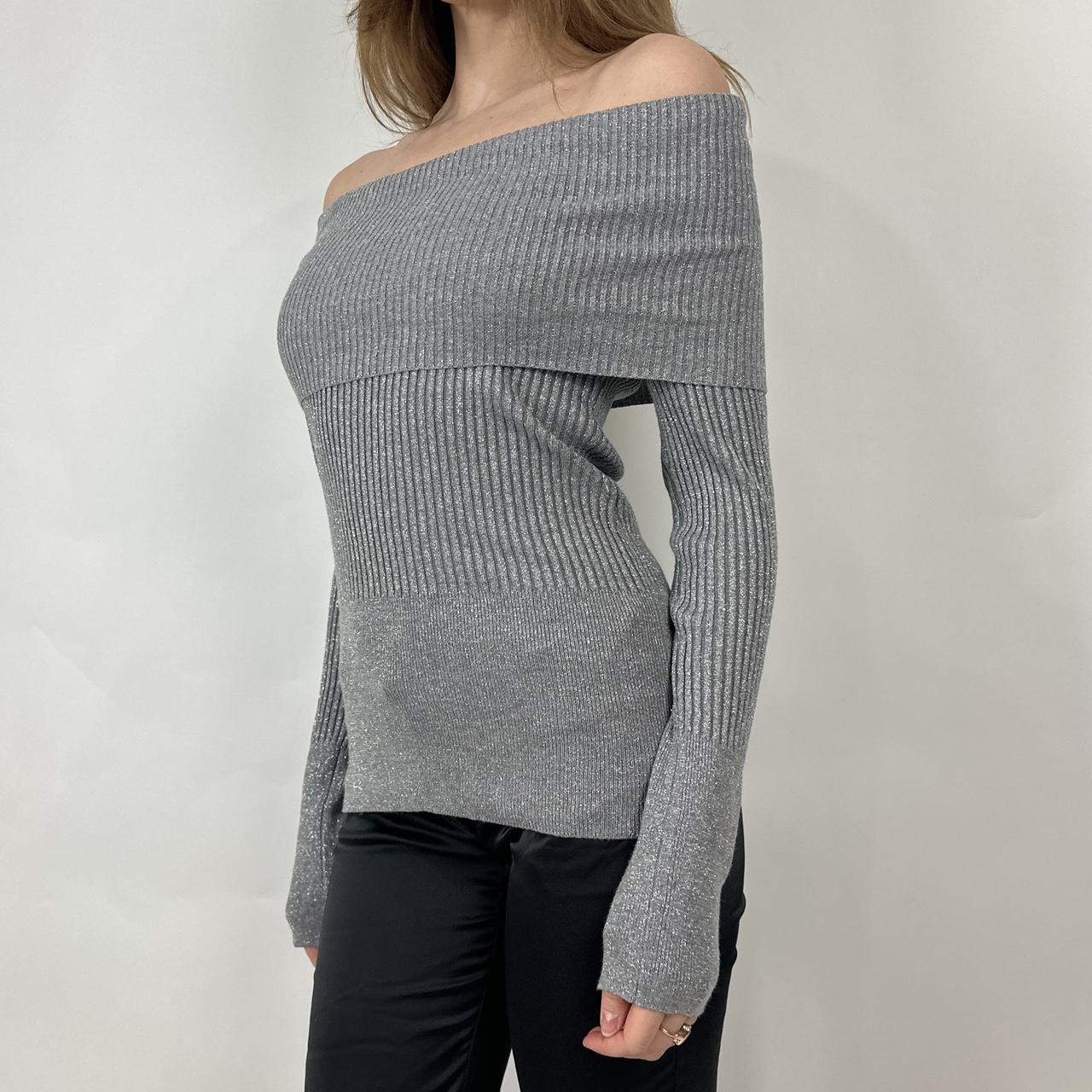 00S SILVER METALLIC OFF-THE-SHOULDER SWEATER TOP... - Depop