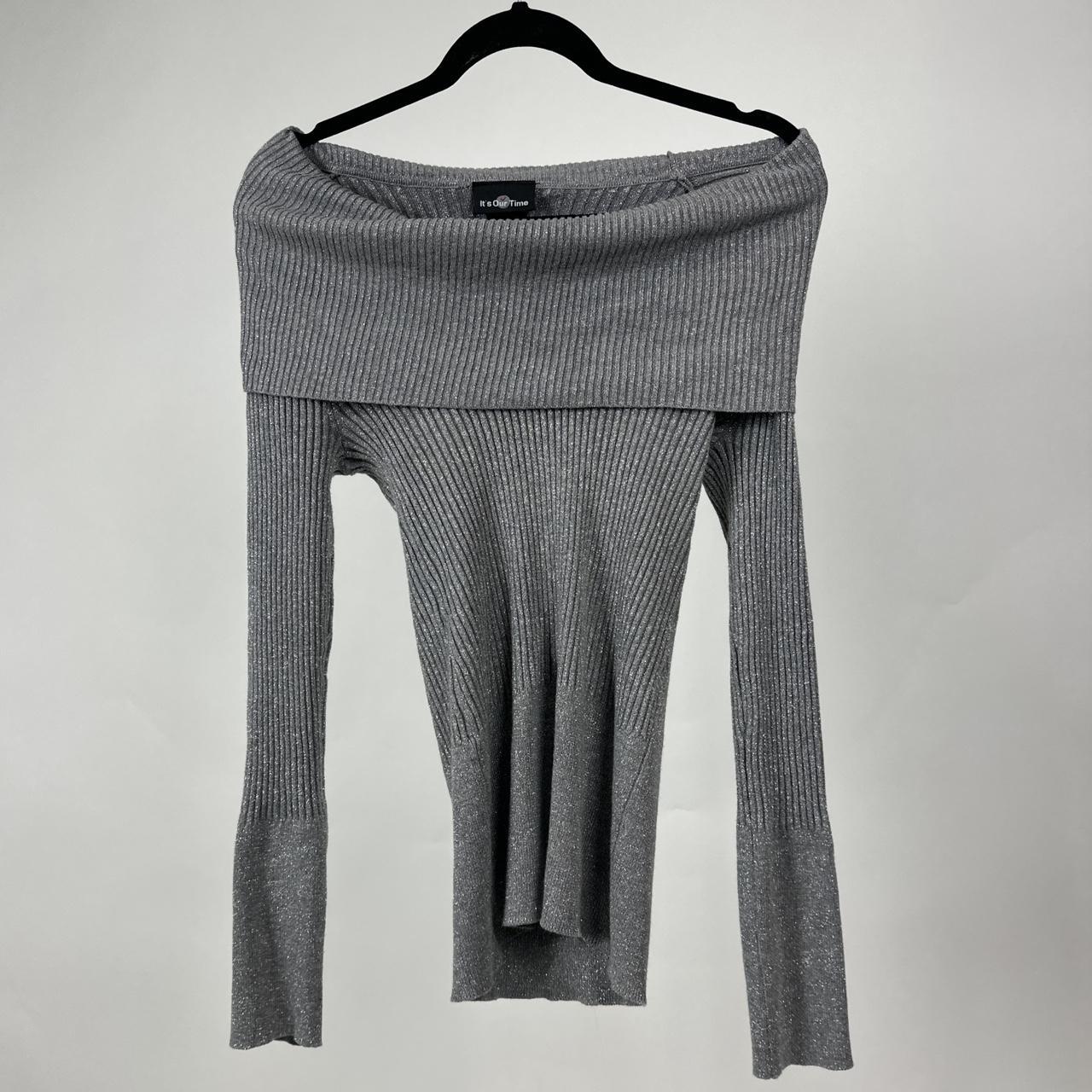 00S SILVER METALLIC OFF-THE-SHOULDER SWEATER TOP... - Depop