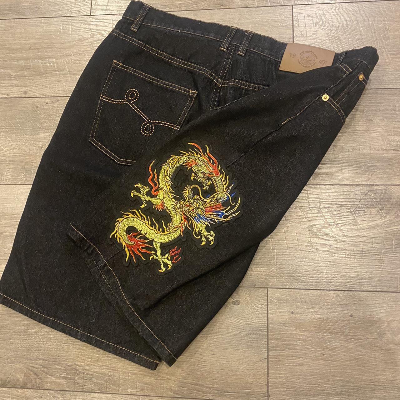 SUPER SICK Y2K BAGGY JORTS WITH DRAGON EMBROIDERY... | Depop