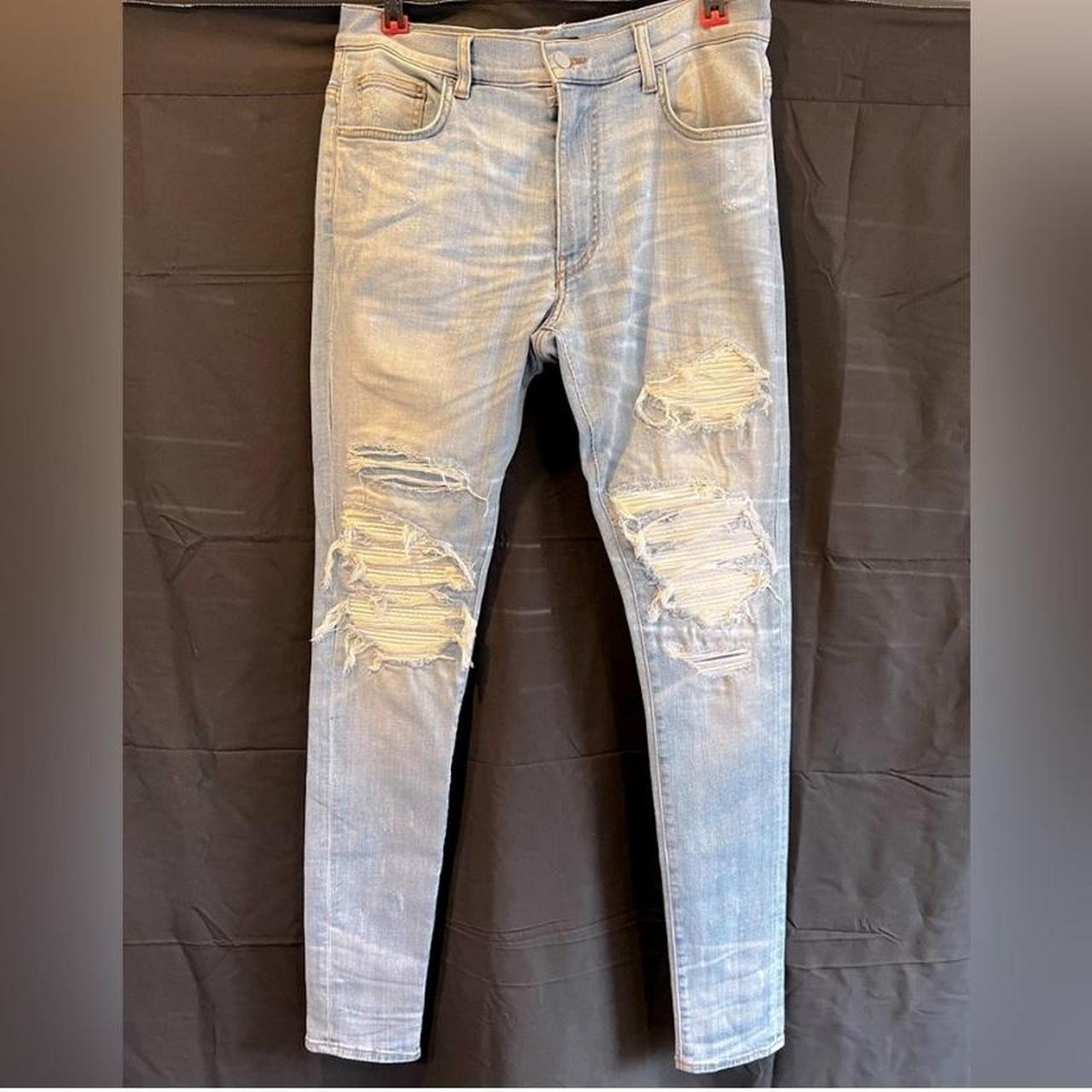 Amiri MX1 White Suede hey Patches Light Blue Wash... - Depop